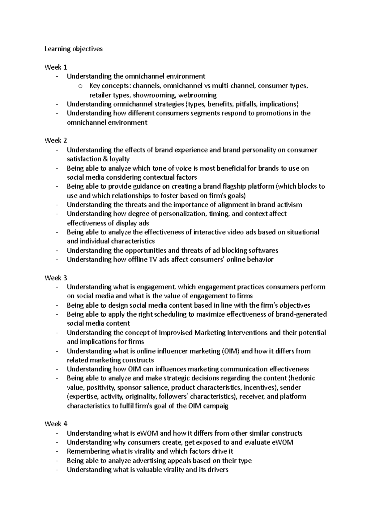 Learning objectives each week - Learning objectives Week 1 - Understanding the omnichannel ...