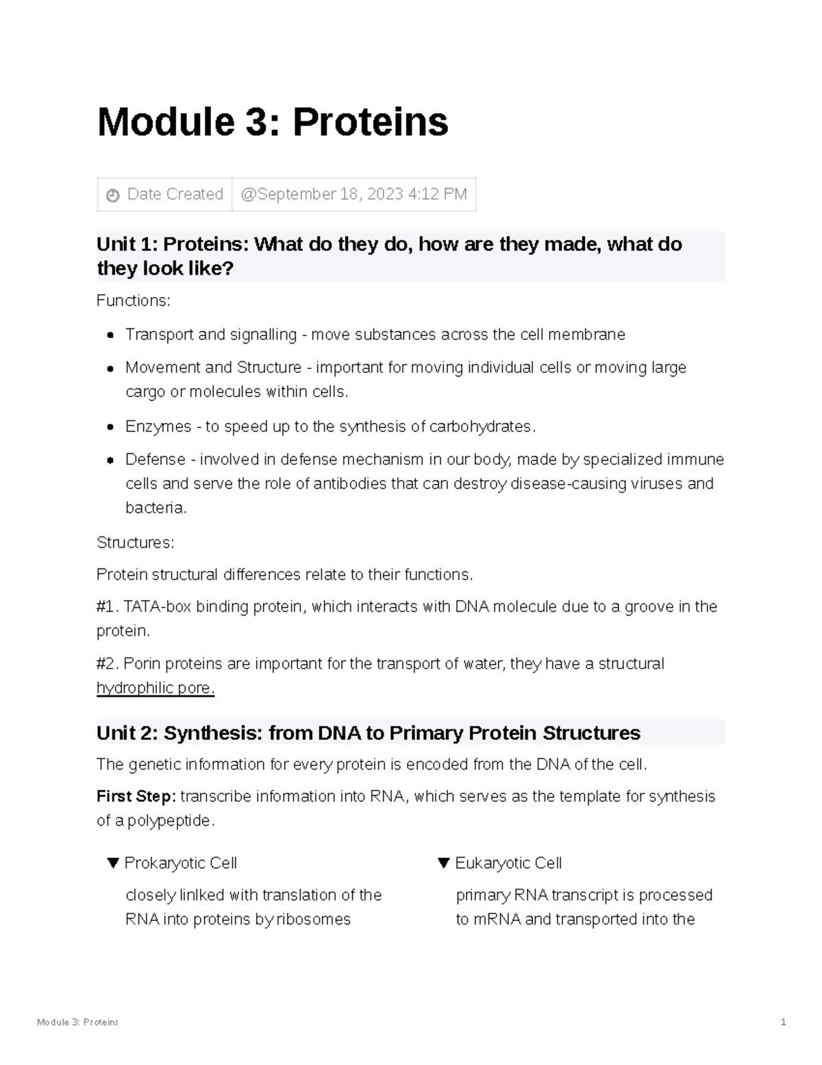 Theme 1 Module 3 Notes - Module 3: Proteins Date Created Unit 1 ...
