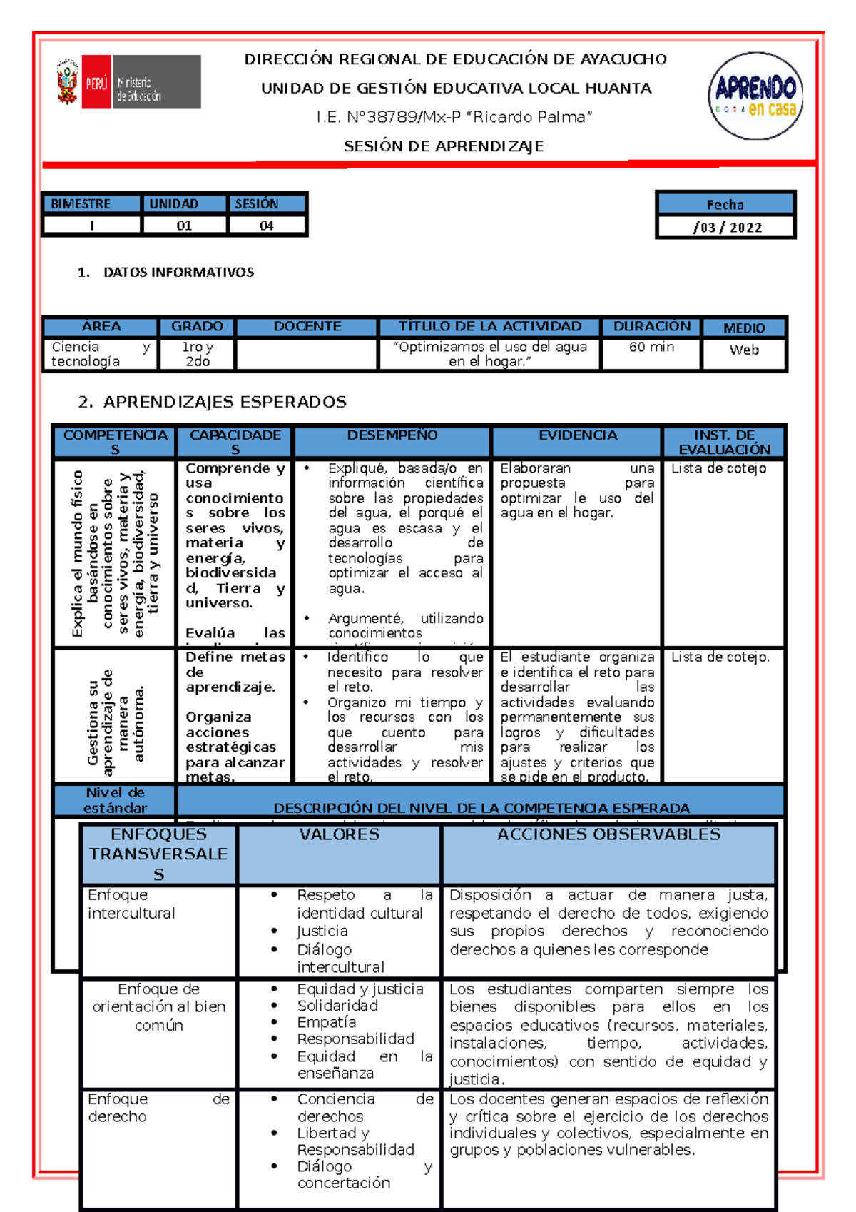 (1Y2) 1 Sesión DE CYT N° 4 - DIRECCIÓN REGIONAL DE EDUCACIÓN DE AYACUCHO UNIDAD DE GESTIÓN ...
