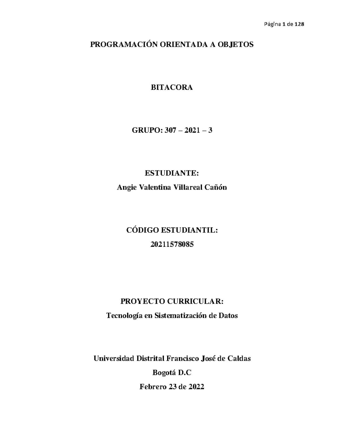 Bitacora 2 Valentina Villareal - PROGRAMACIÓN ORIENTADA A OBJETOS ...