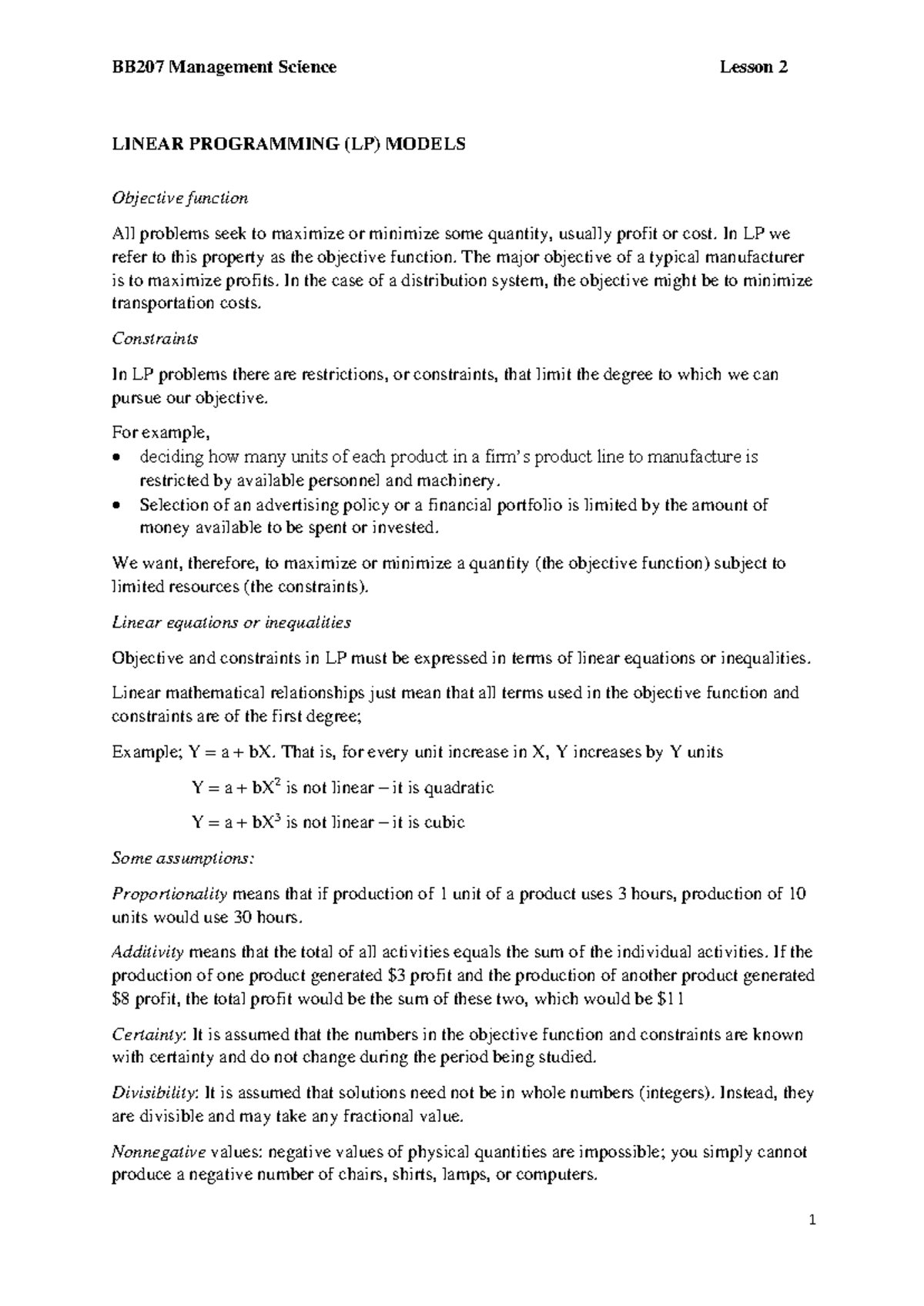 Lesson 2 - n/a - LINEAR PROGRAMMING (LP) MODELS Objective function All ...