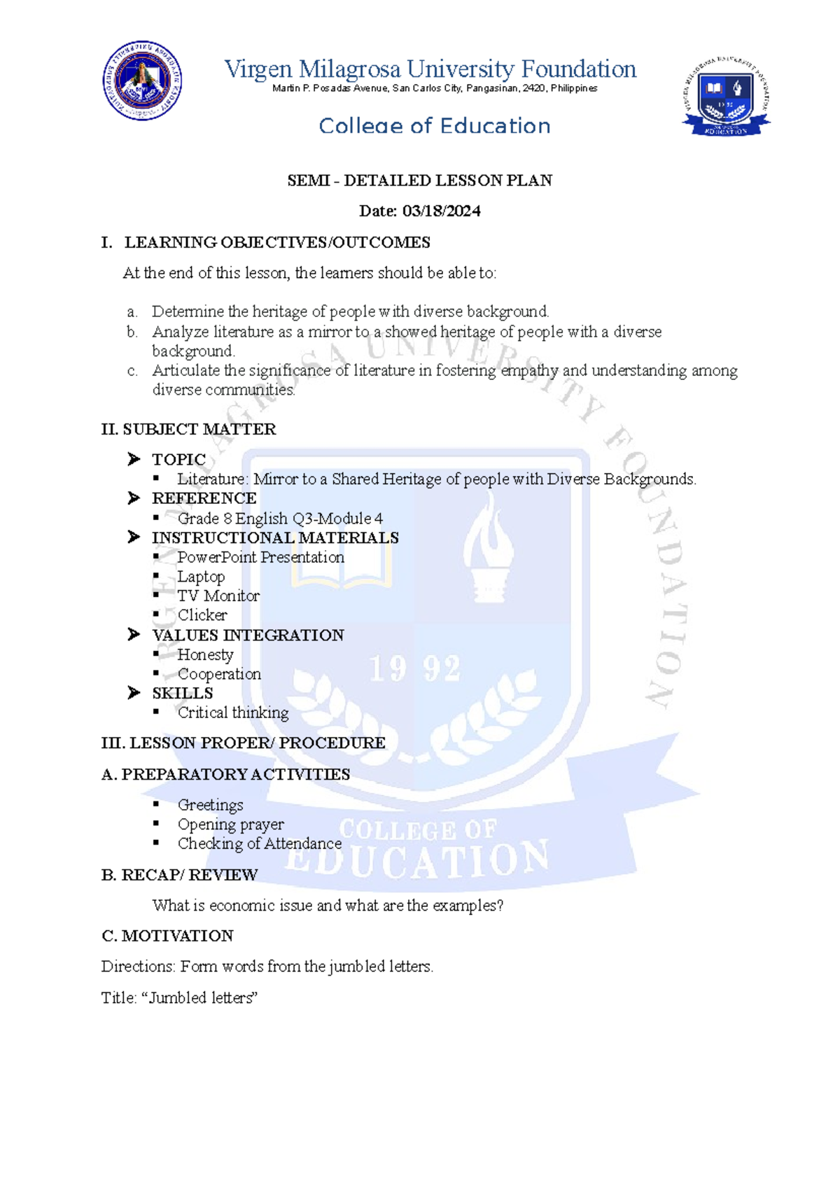 Grade 8 revised - Gr.8 Lesson Plan - Martin P. Posadas Avenue, San ...