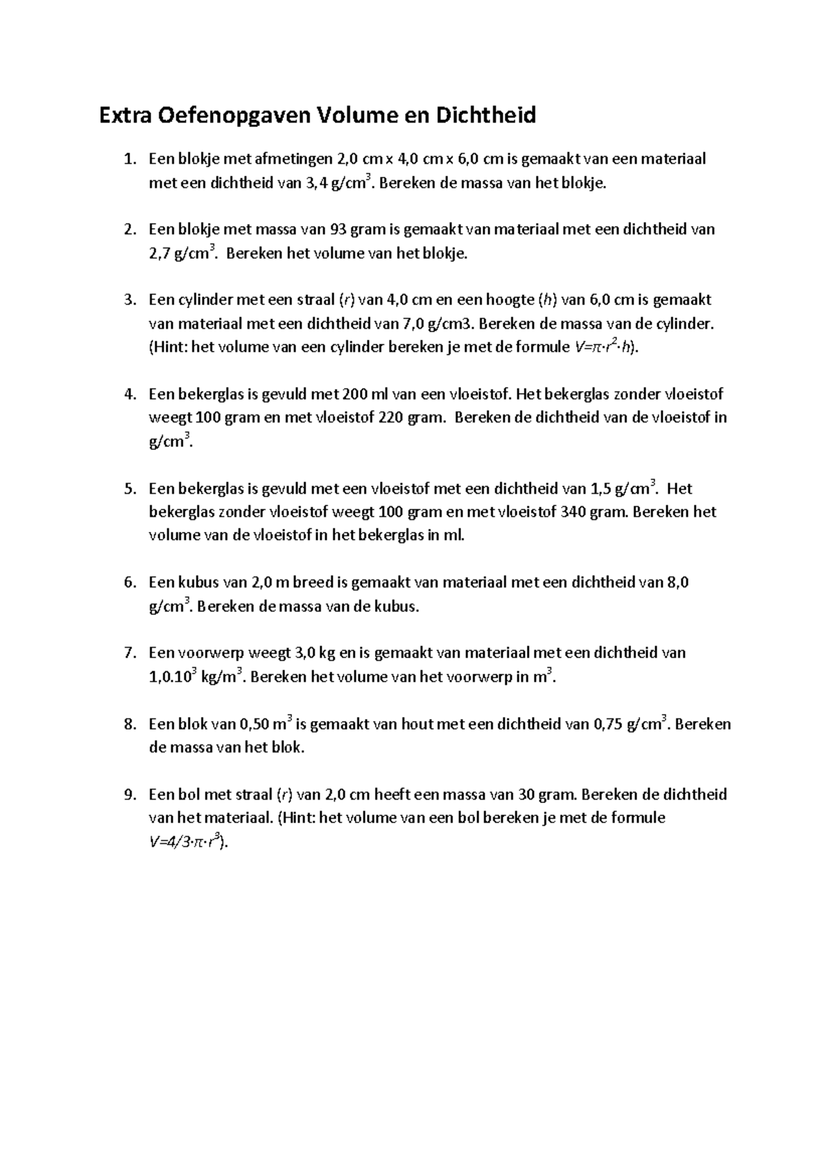 Massadichtheid met oplossingen - Extra Oefenopgaven Volume en Dichtheid ...