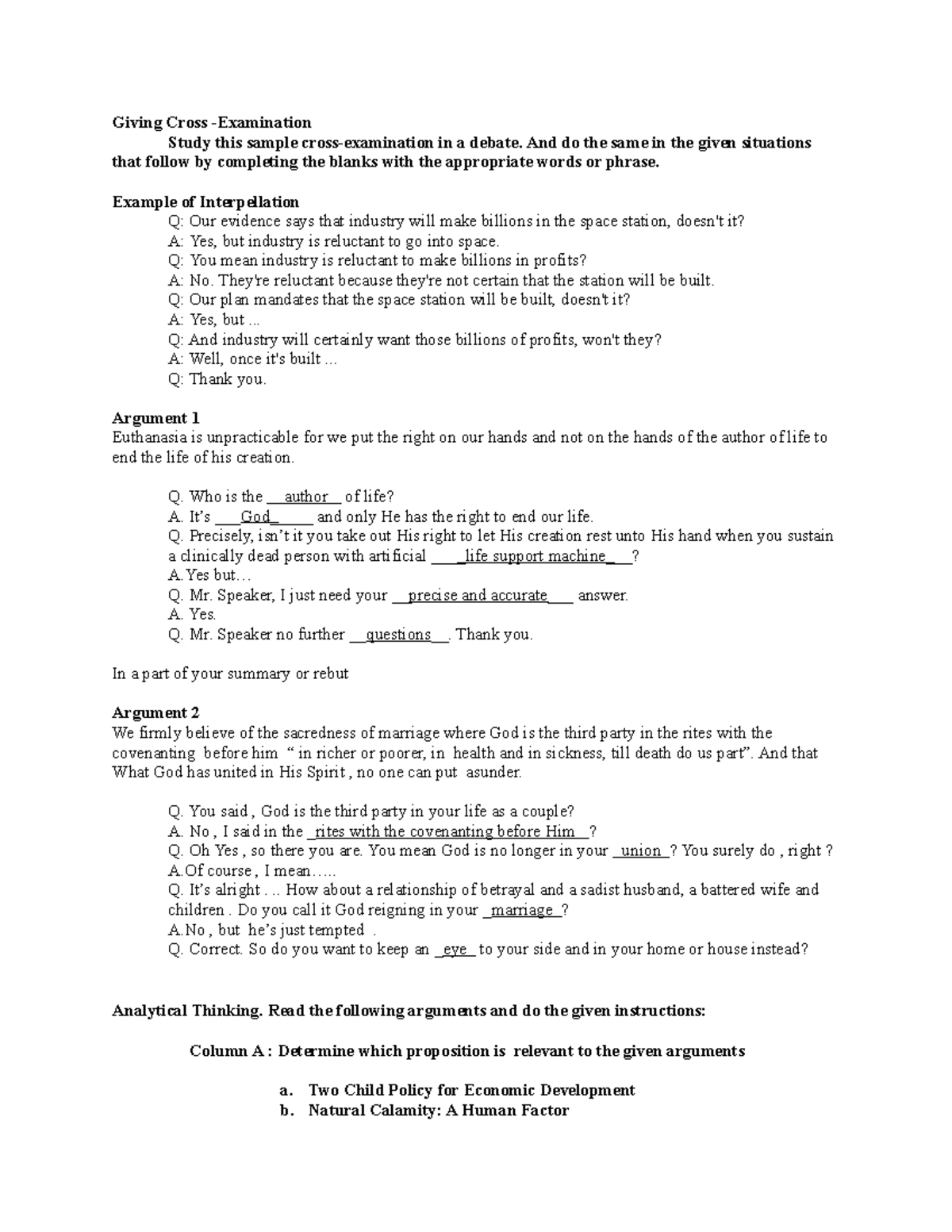 Quiz on debate - Purposive Communication - Giving Cross -Examination ...