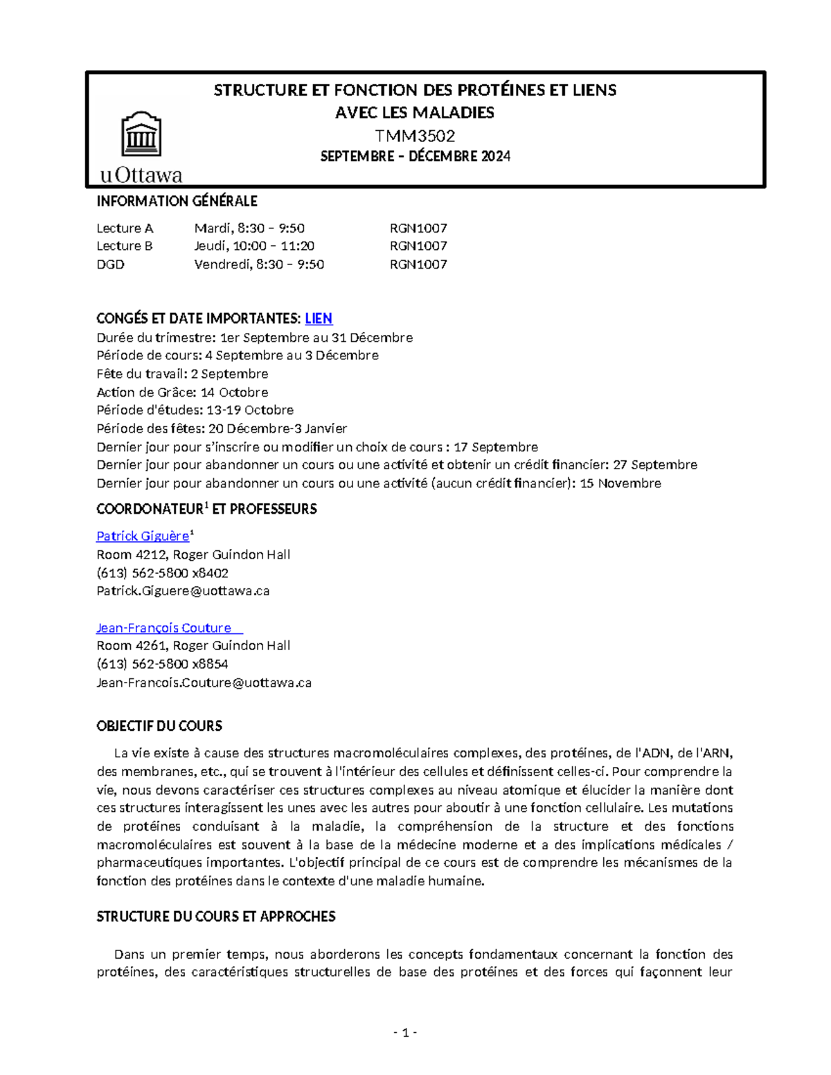 TMM3502 Syllabus 2024 - STRUCTURE ET FONCTION DES PROTÉINES ET LIENS ...