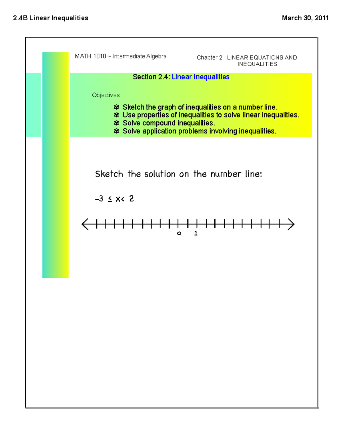Lecture notes, lecture 2.4 - 2 Linear Inequalities March 30, 2011 MATH ...
