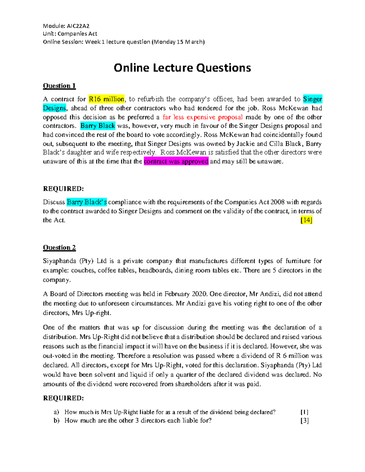 AIC22A2 Companies Act Week 1 Lecture Question and Solution Monday 15 March - Module: AIC22A Unit ...