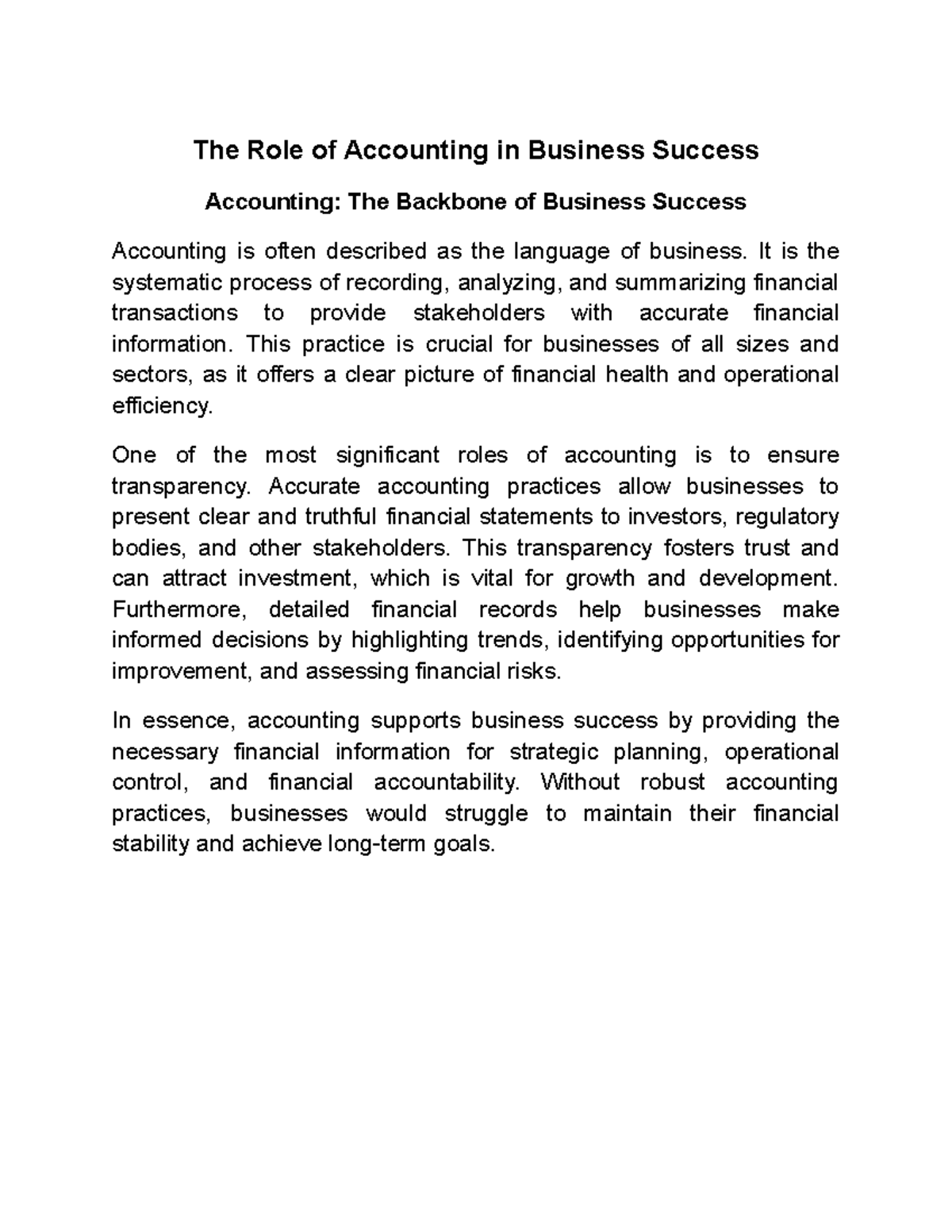 The Role of Accounting in Business Success - The Role of Accounting in ...