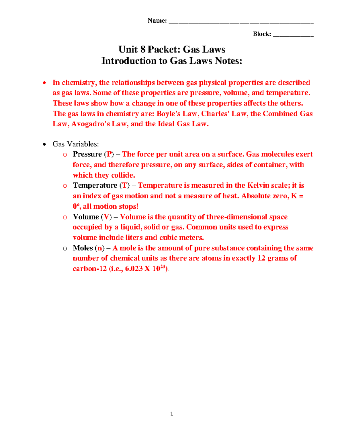 Gas Laws Notes KEY 2017-18 - Name ...
