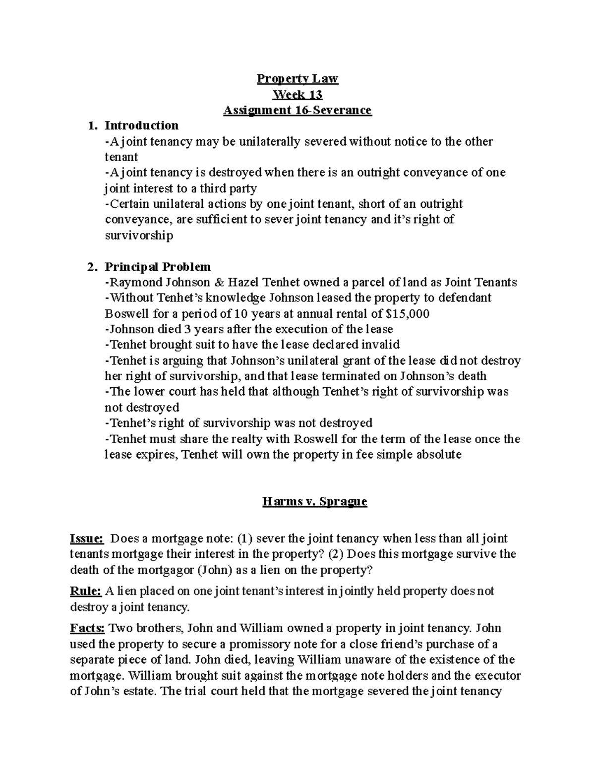 Property Law - Property Law Week 13 Assignment 16-Severance ...