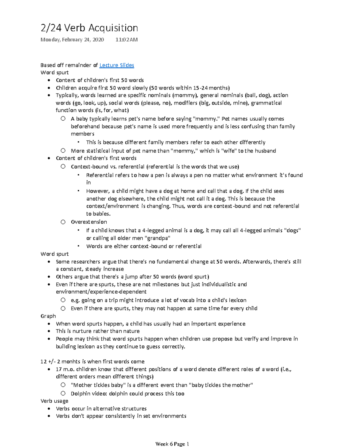 Unit 2 Verb Acquisition - Based off remainder of Lecture Slides Word ...