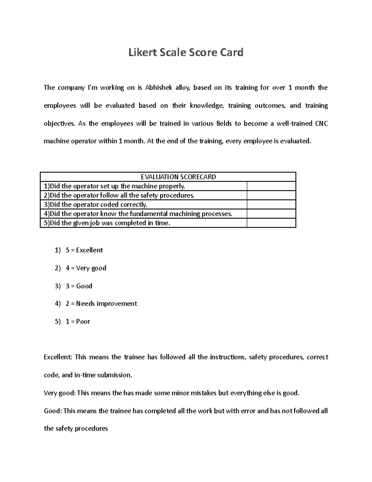 Likert Scale Score Card - As the employees will be trained in various ...