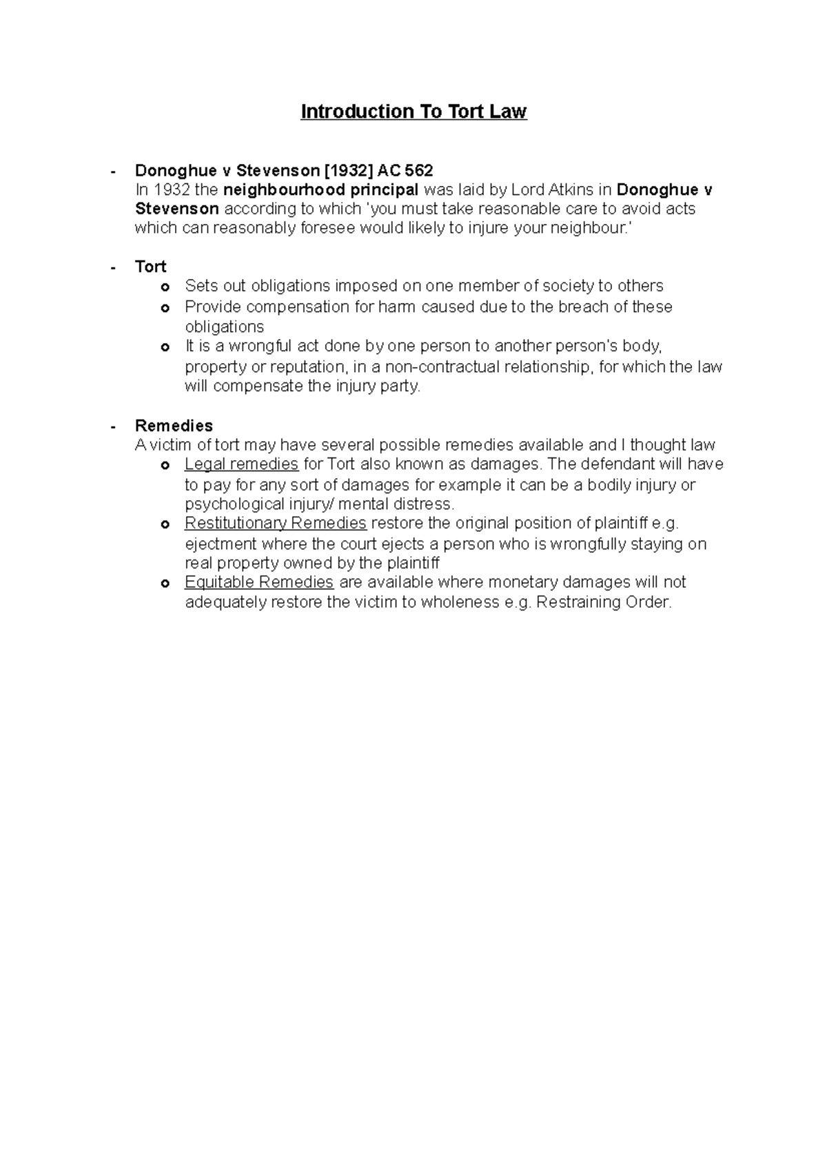 Introduction To Tort Law - Introduction To Tort Law Donoghue v ...