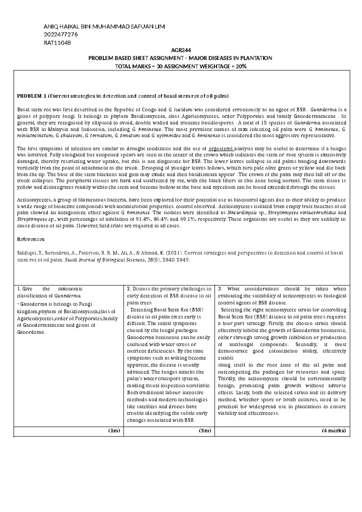 AGR 244 Problem Sheet ANIQ - 2022477276 RAT1104B AGR PROBLEM BASED SHEET ASSIGNMENT - MAJOR ...