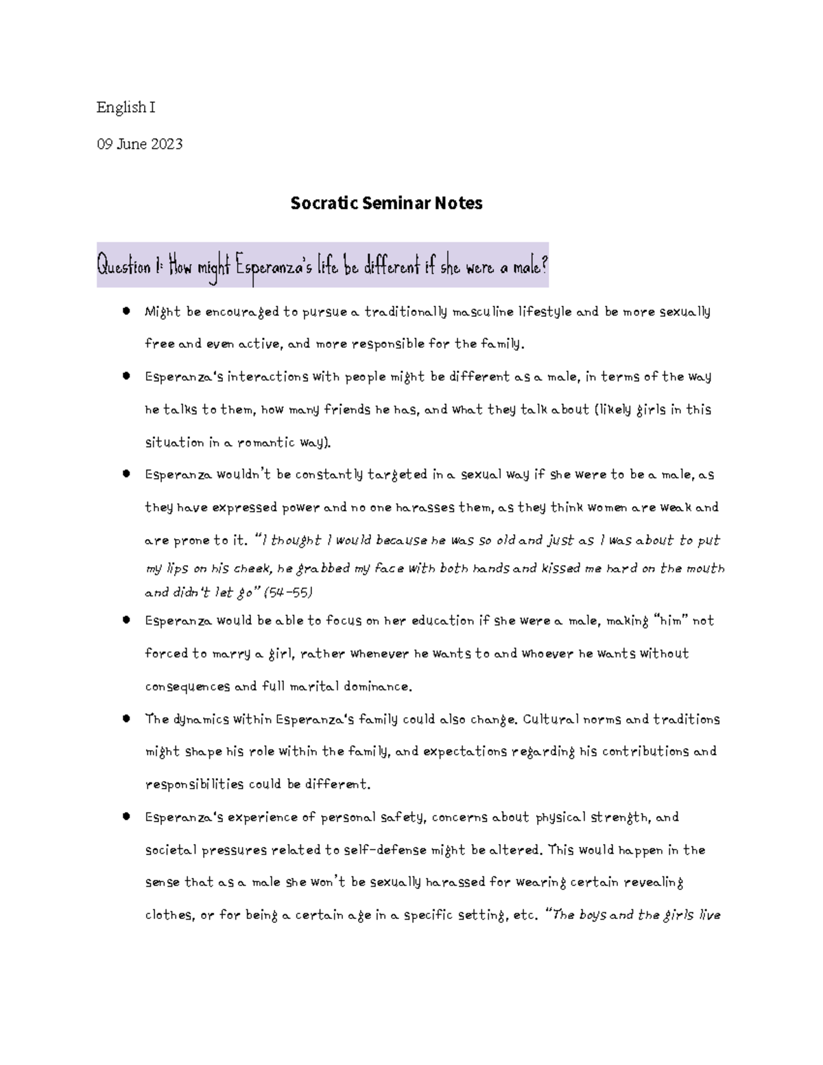 House on Mango Street Socratic Seminar Notes - English I 09 June 2023 ...
