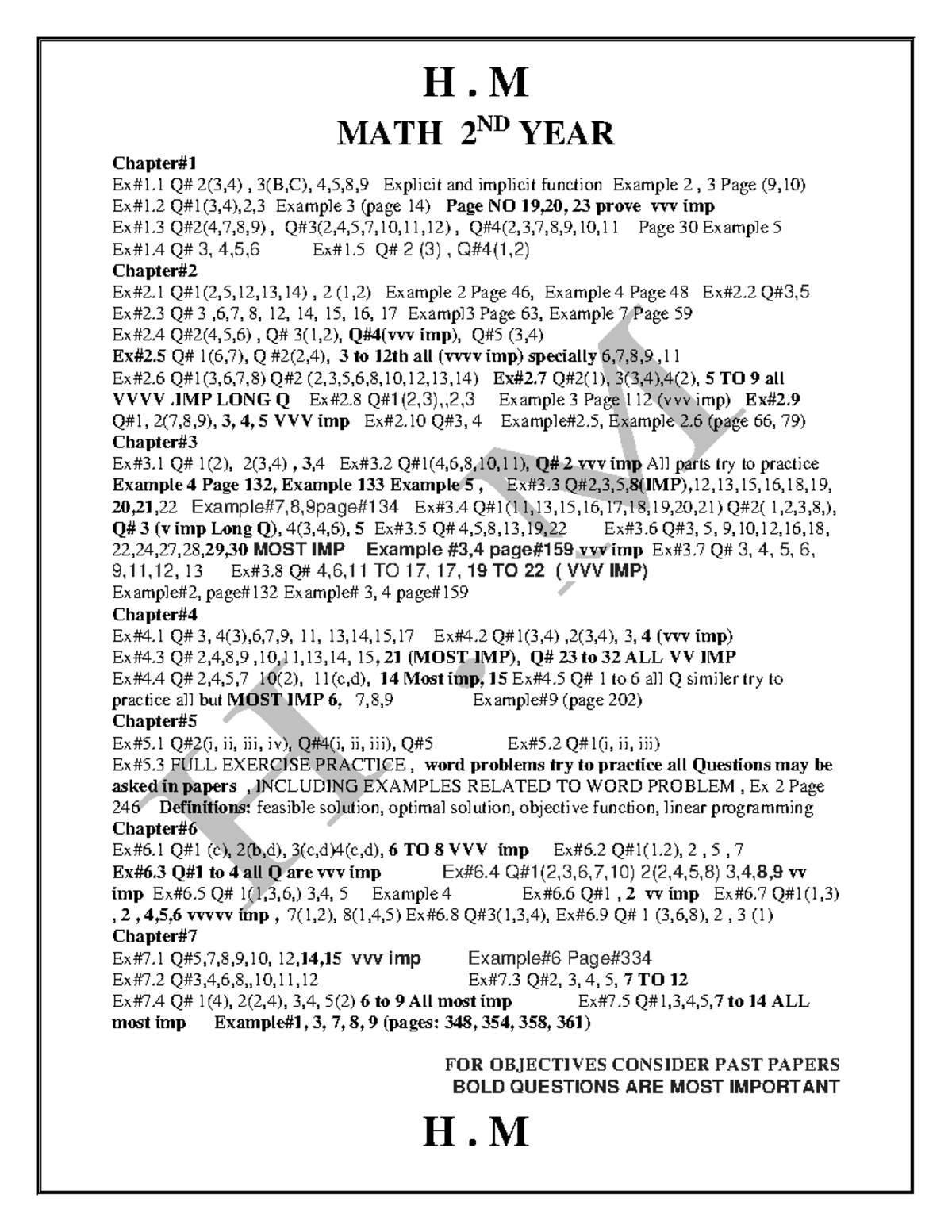 H . M 2ND YEAR MATH - Maths practice question for exams preparation for ...