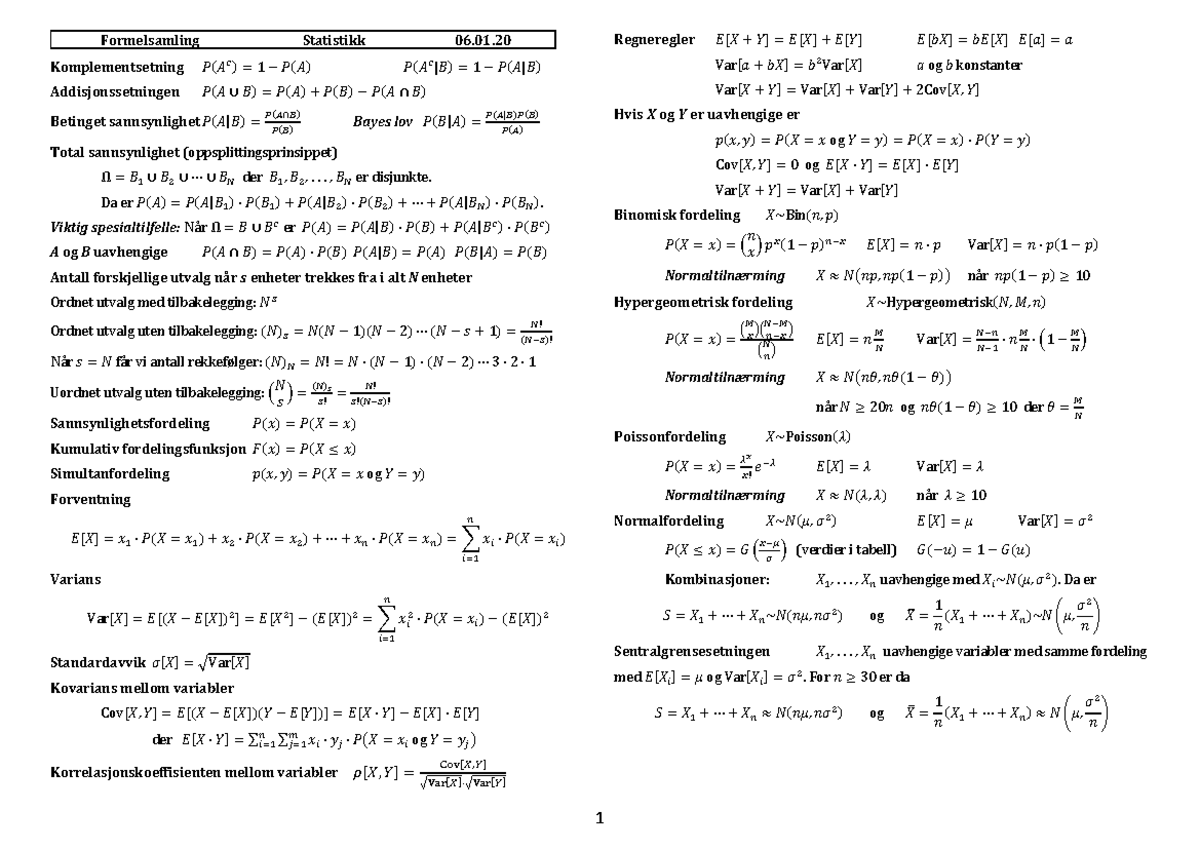 Formelsamling Statistikk - MET 2920 - BI - Studocu