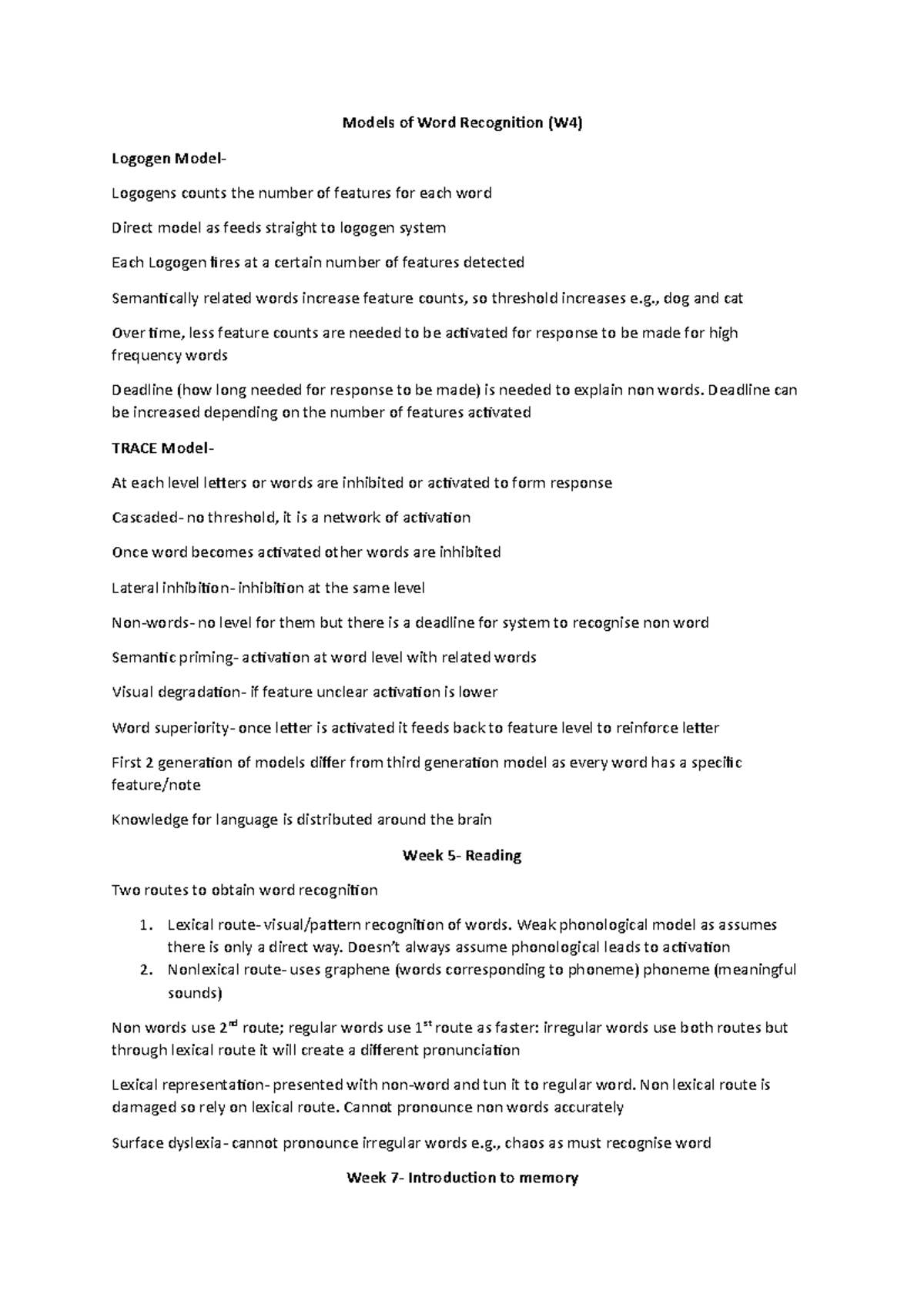 Language and memory live lecture - Models of Word Recognition (W4 ...