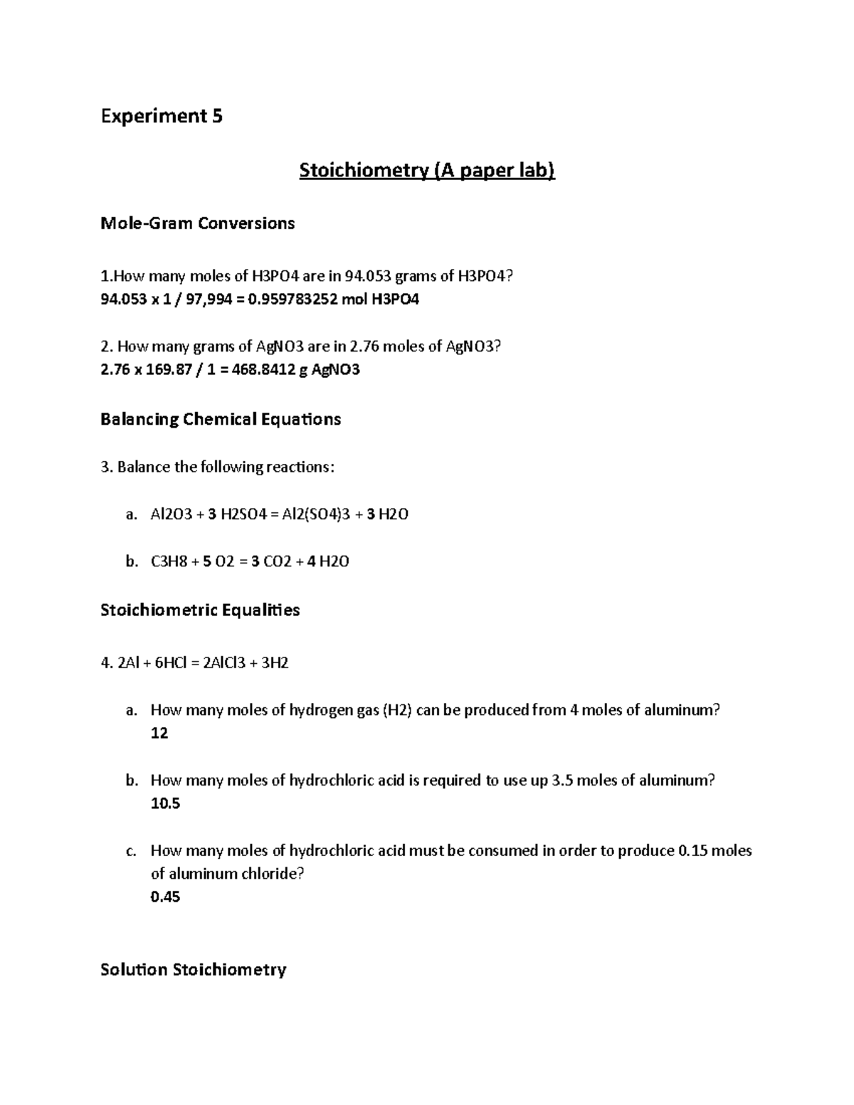 ACHM 115 - GENERAL CHEM I - Experiment 5 - Stoichiometry (A paper lab ...