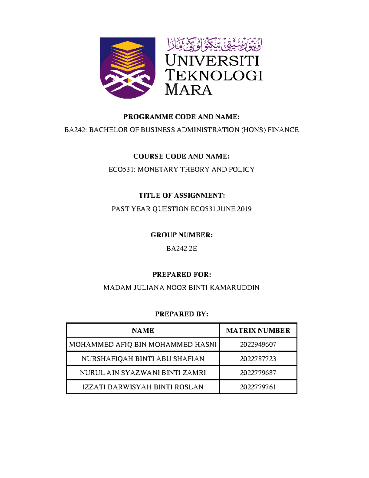 ECO531 Group 4 Assignment JUNE19 - PROGRAMME CODE AND NAME: BA242 ...