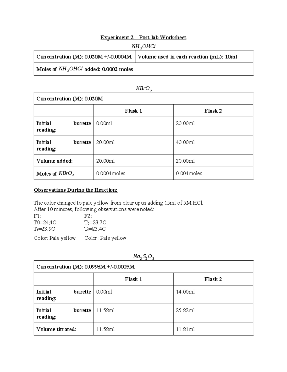 Experiment 2 - Lab Report Template - Experiment 2 – Post-lab Worksheet NH 3 OHCl Concentration ...