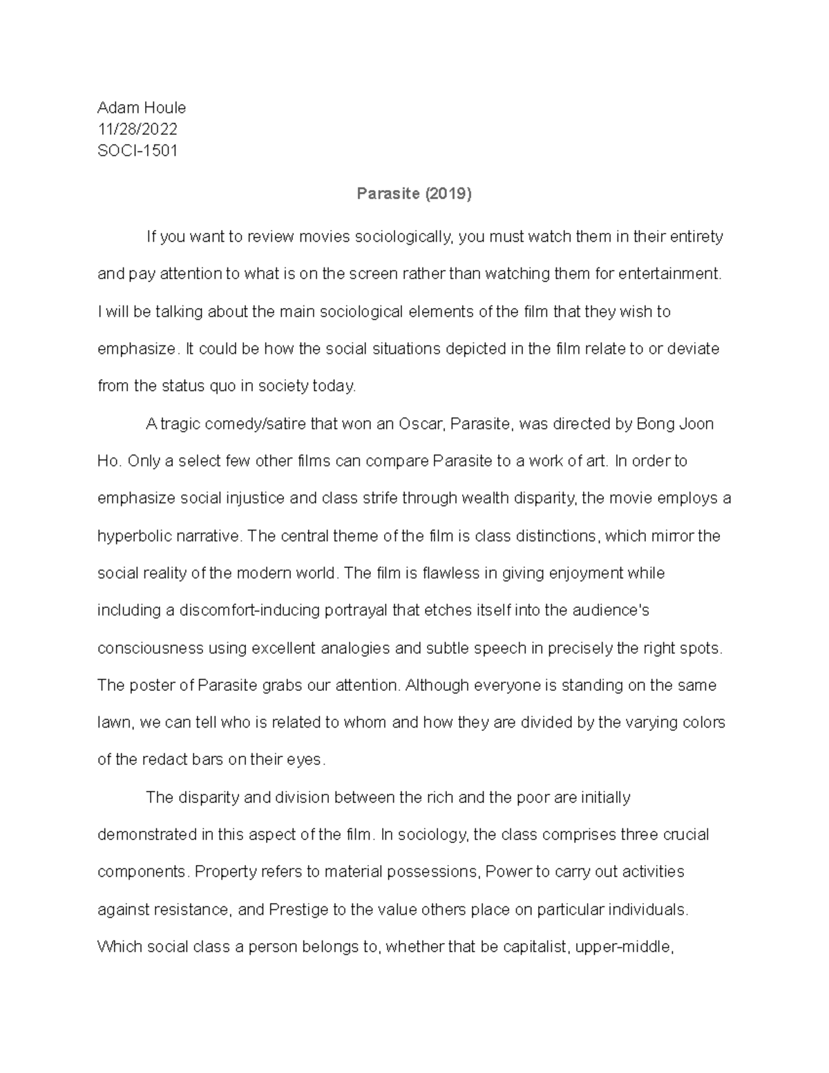 SOCI Race, Class, and Gender - Adam Houle 11/28/ SOCI- Parasite (2019 ...