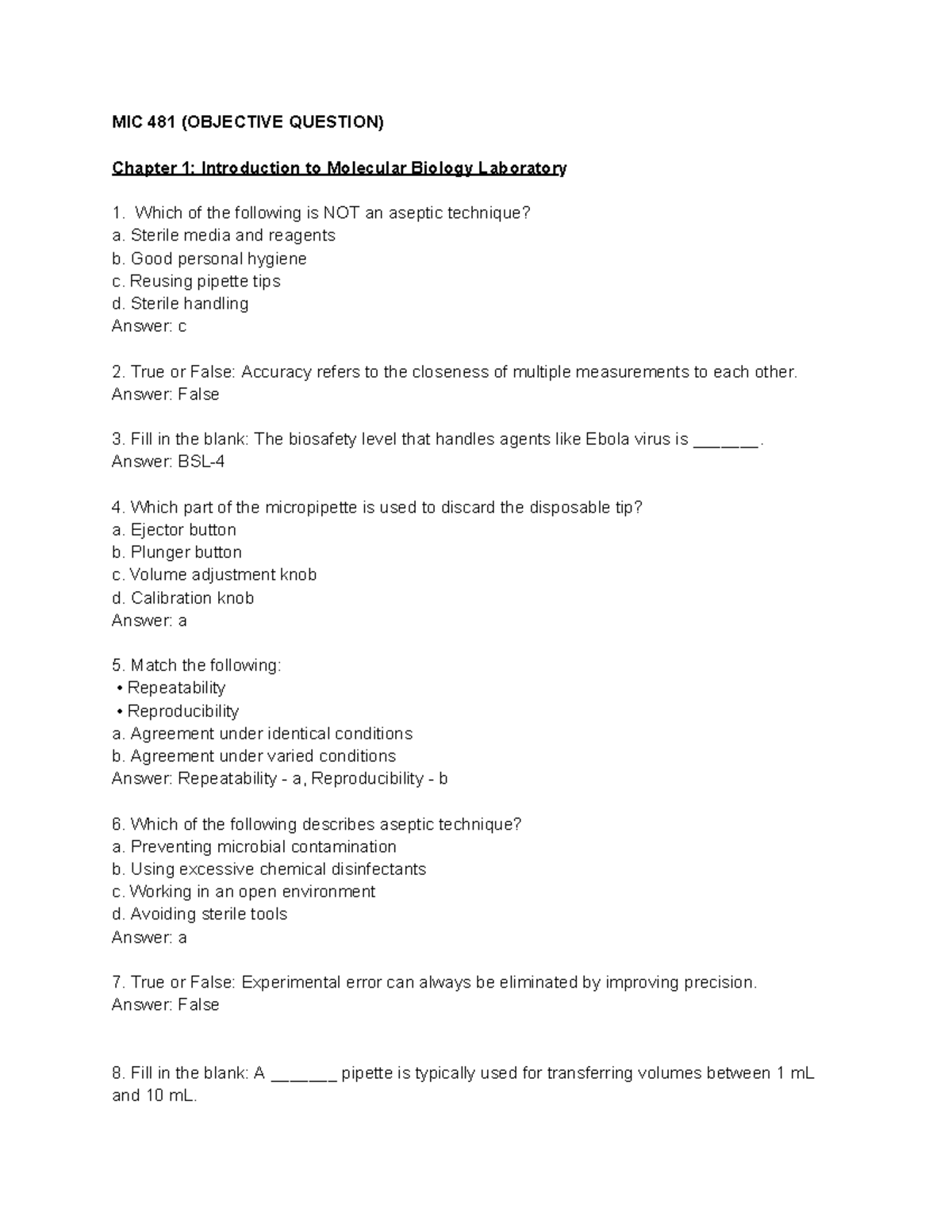 MIC 481 Objective Question - MIC 481 (OBJECTIVE QUESTION) Chapter 1: Introduction to Molecular ...
