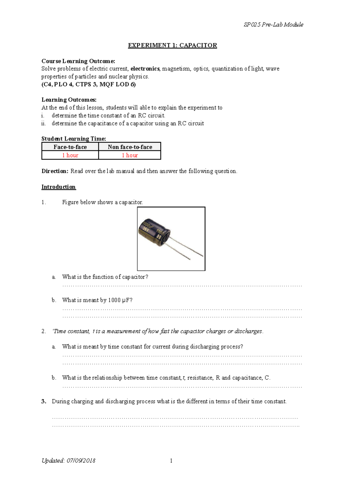 Student PRE LAB SP025 Capacitor - EXPERIMENT 1: CAPACITOR Course ...