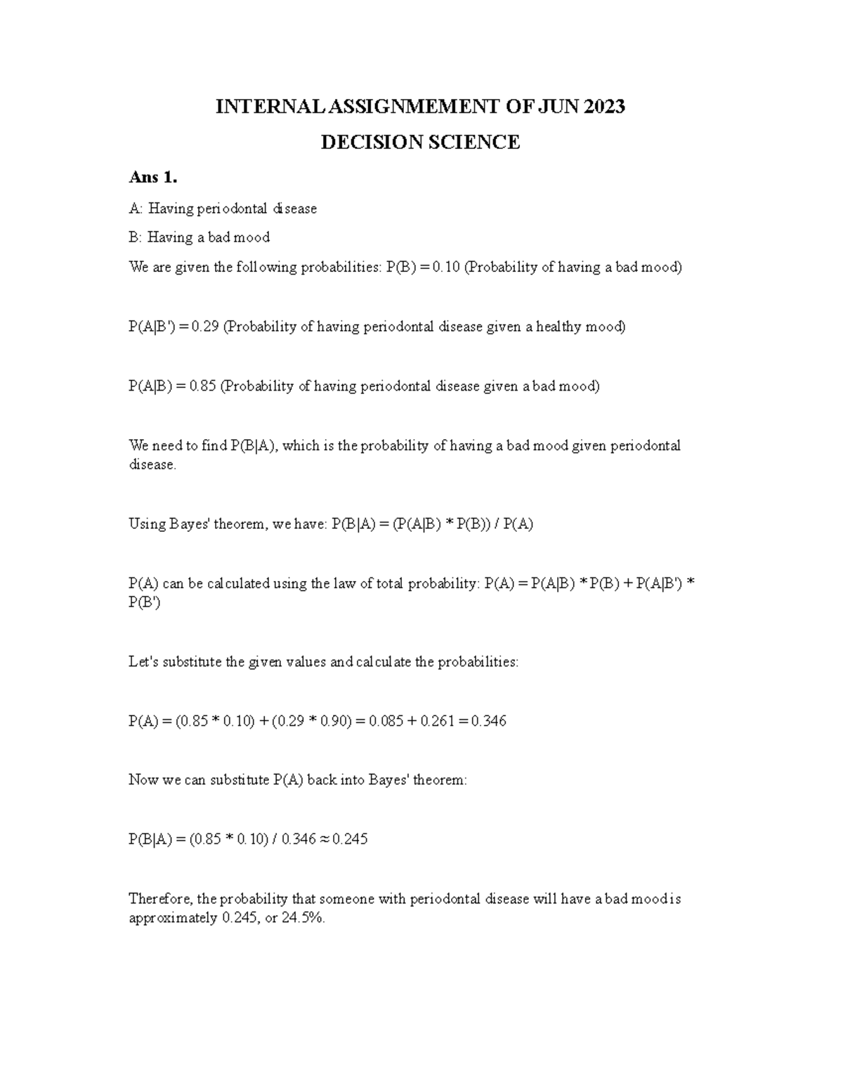 Decision Science Assignment June 2023 - INTERNAL ASSIGNMEMENT OF JUN 2023 DECISION SCIENCE Ans 1 ...