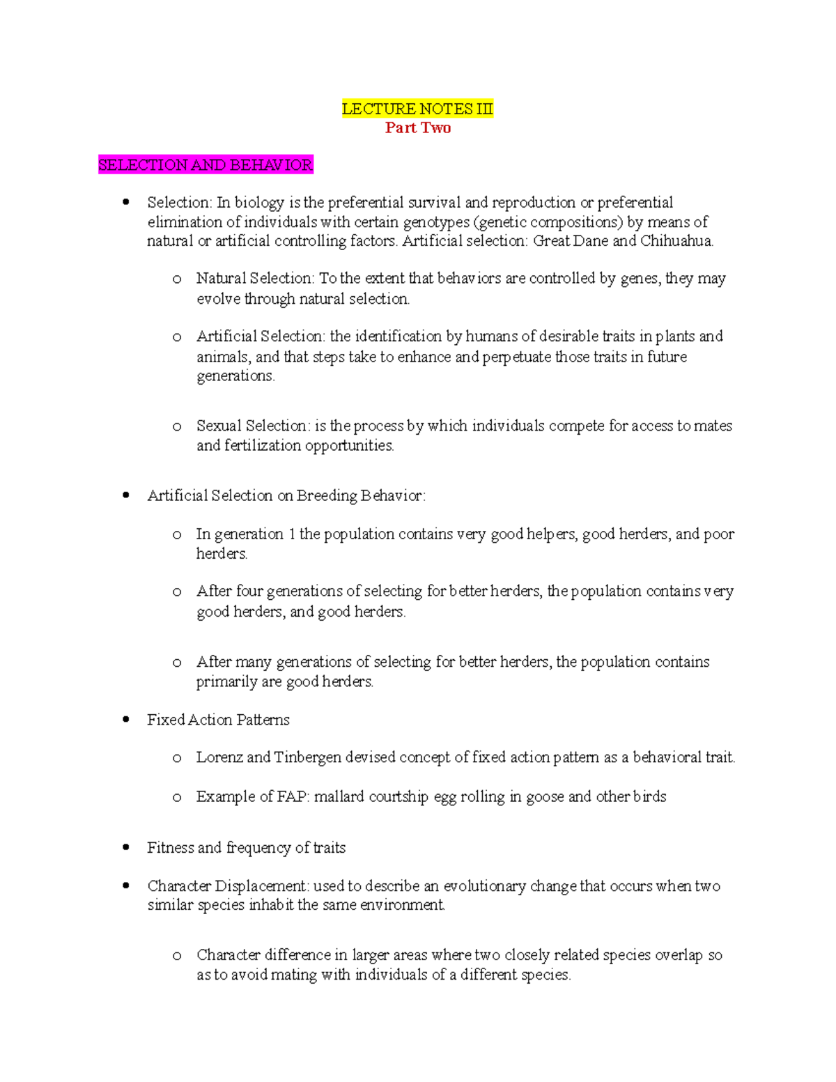 Lecture Notes III Part Two - LECTURE NOTES III Part Two SELECTION AND ...