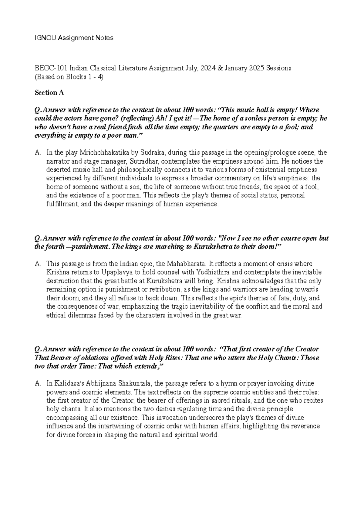 Ignou Assignment Notes - Indian Classical Literature (BEGC-101) - IGNOU ...