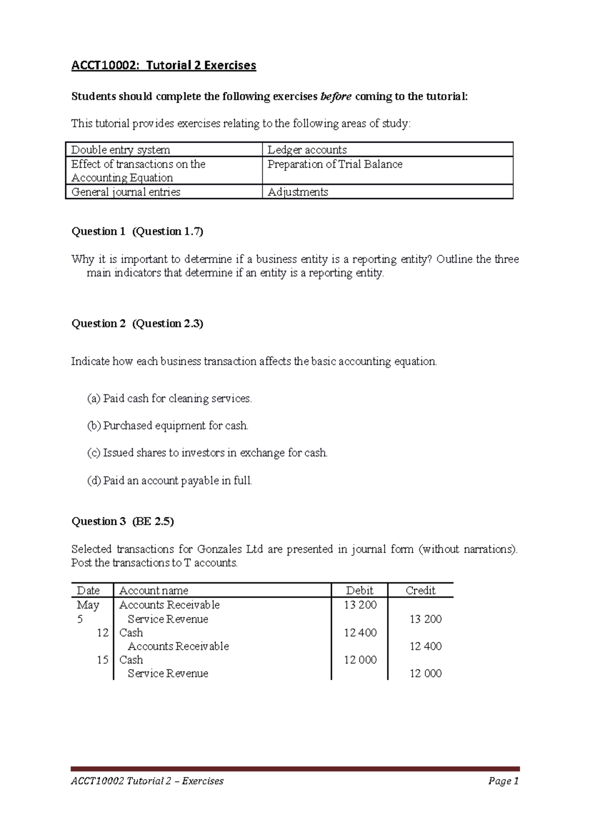 ACCT10002 Tutorial 2 - Question 2 (Question 2) Indicate how each ...