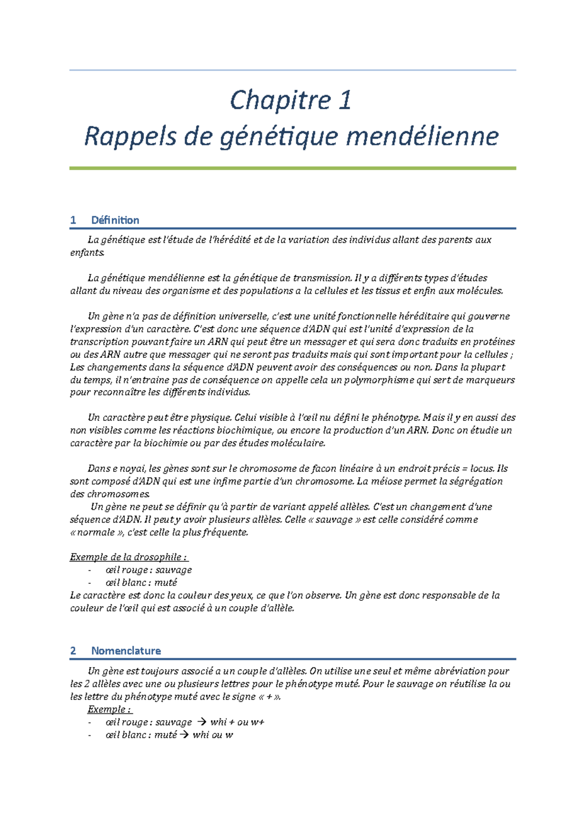 Rapels hérédité mendelienne - Chapitre 1 Rappels de génétique mendélienne 1 Définition La - Studocu