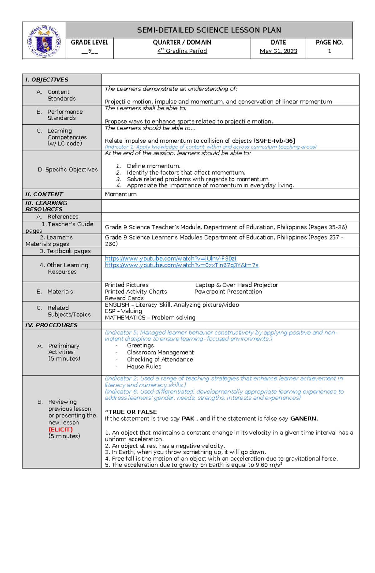 Momentum (Auto Recovered) lesson plan - GRADE LEVEL 9 QUARTER / DOMAIN 4 th Grading Period DATE ...