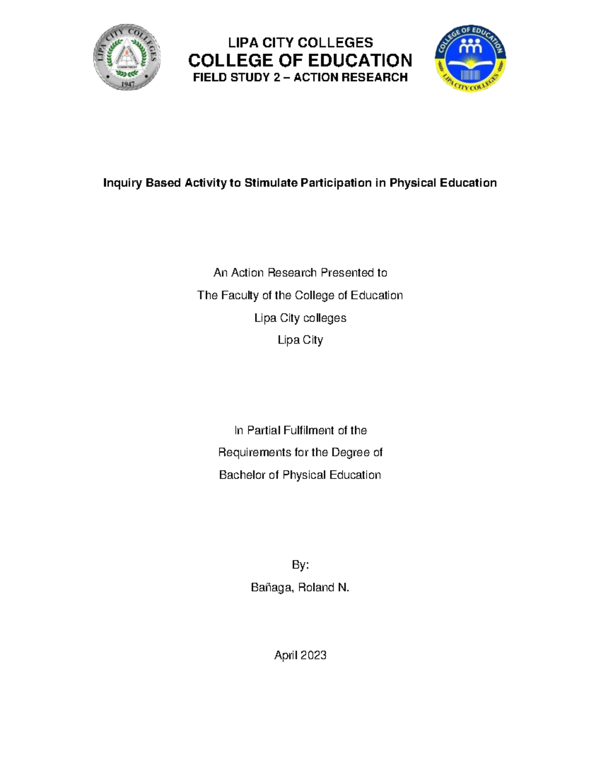 Bañaga Inquiry Based Activity to Stimulate Participation in Physical ...