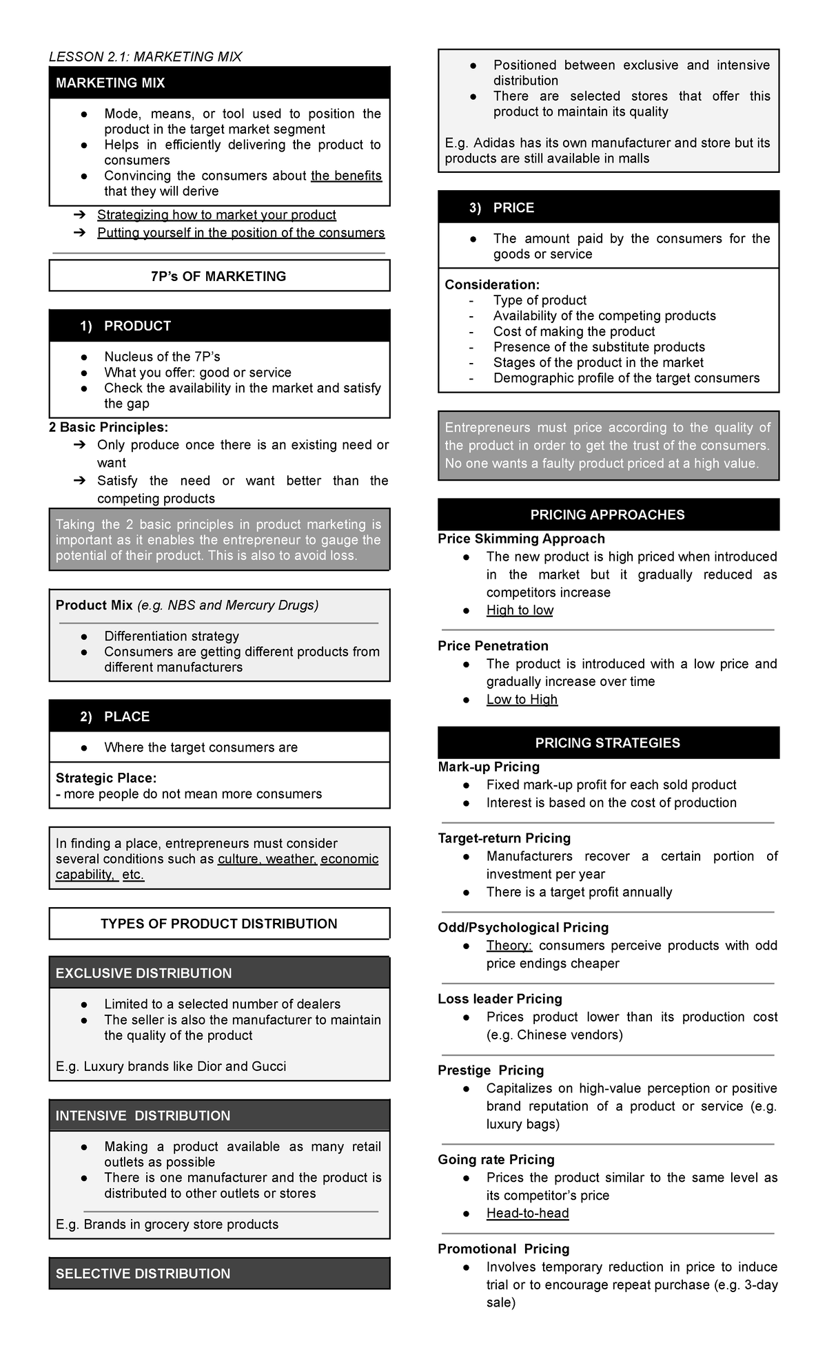 Entrepreneurship Reviewer - LESSON 2: MARKETING MIX MARKETING MIX Mode ...