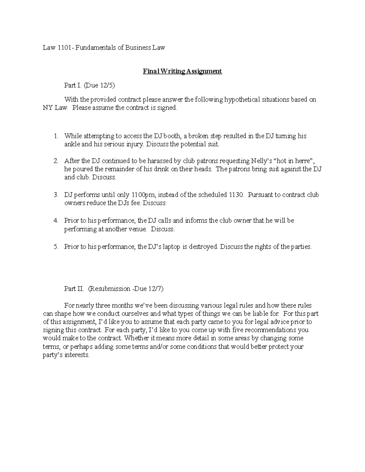 Final Writing Assignment Fall 2022 - Law 1101- Fundamentals of Business ...