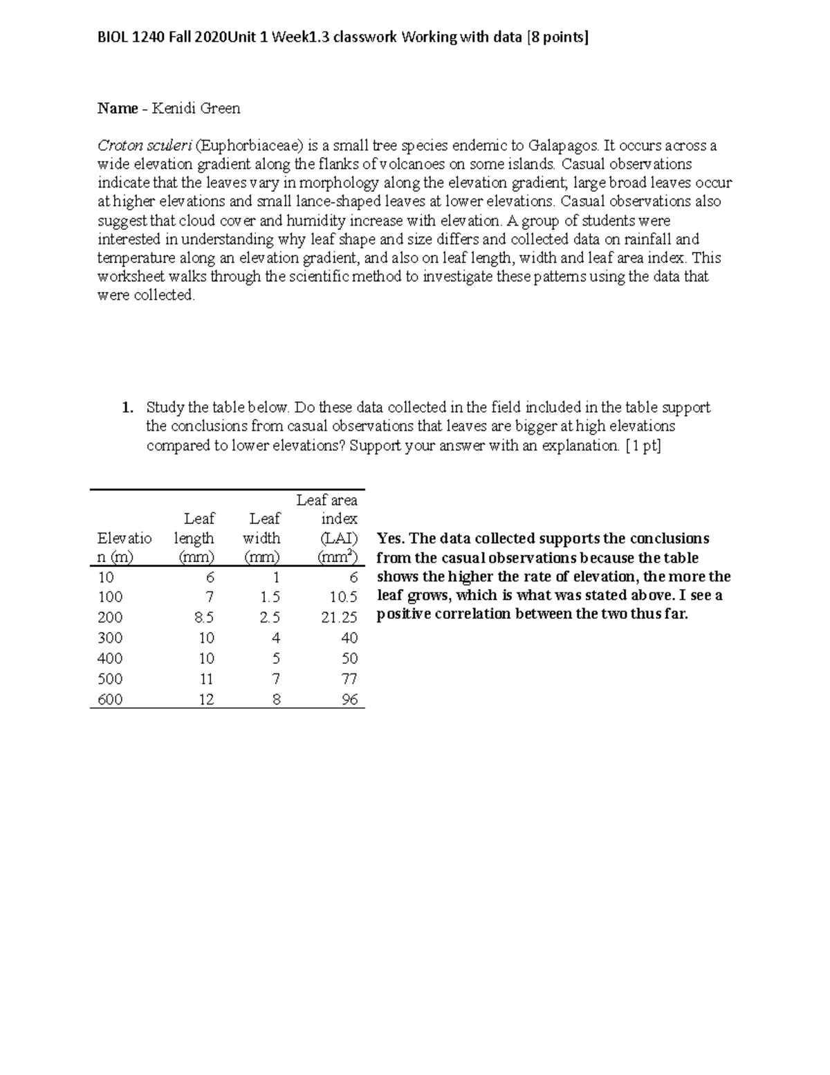 1.3 bio assignment (in class) - BIOL 1240 Fall 2020Unit 1 Week1 ...