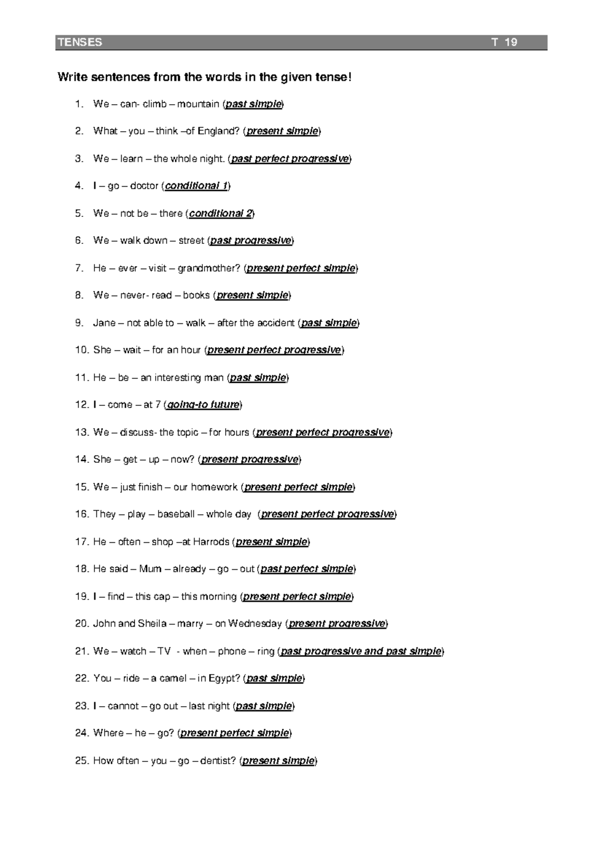 Review of tenses. L4 Ss - Mmmmmmm - TENSES T 19 Write sentences from ...