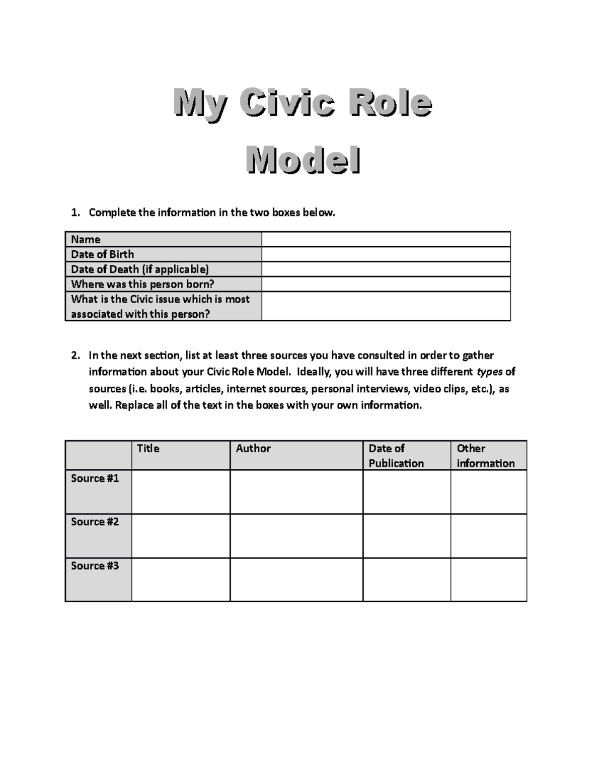 Civic Role Model Graphic Organizer - Complete the information in the ...