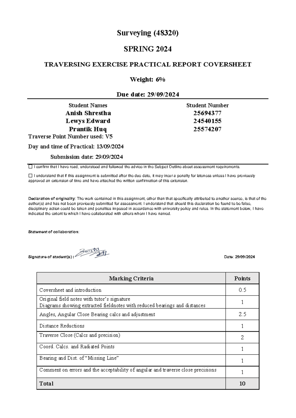 Traverse Exercise - Assignment - Surveying ( 4832 0) SPRING 2024 ...
