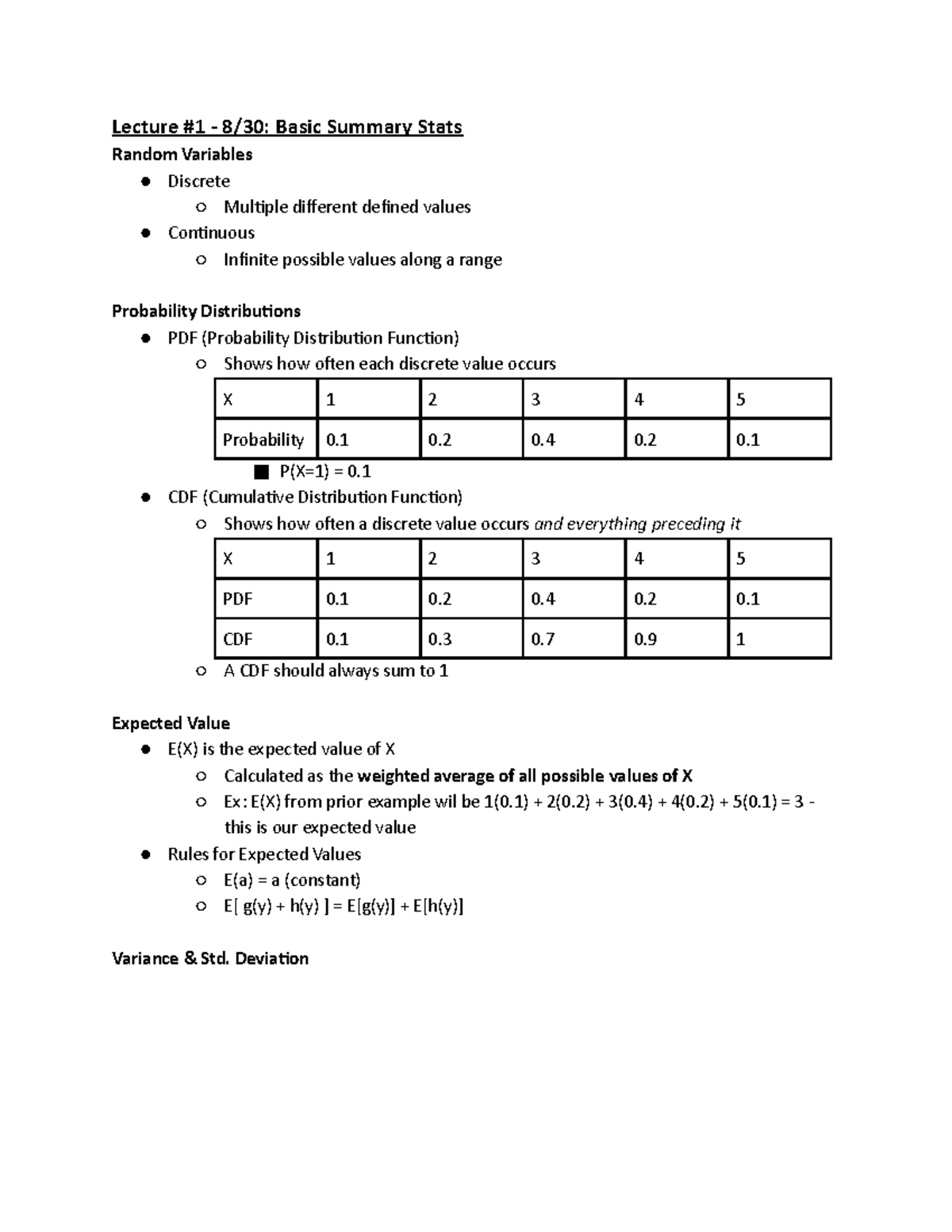 Midterm Exam Notes Lecture 1 830 Basic Summary Stats Random Variables Discrete Multiple