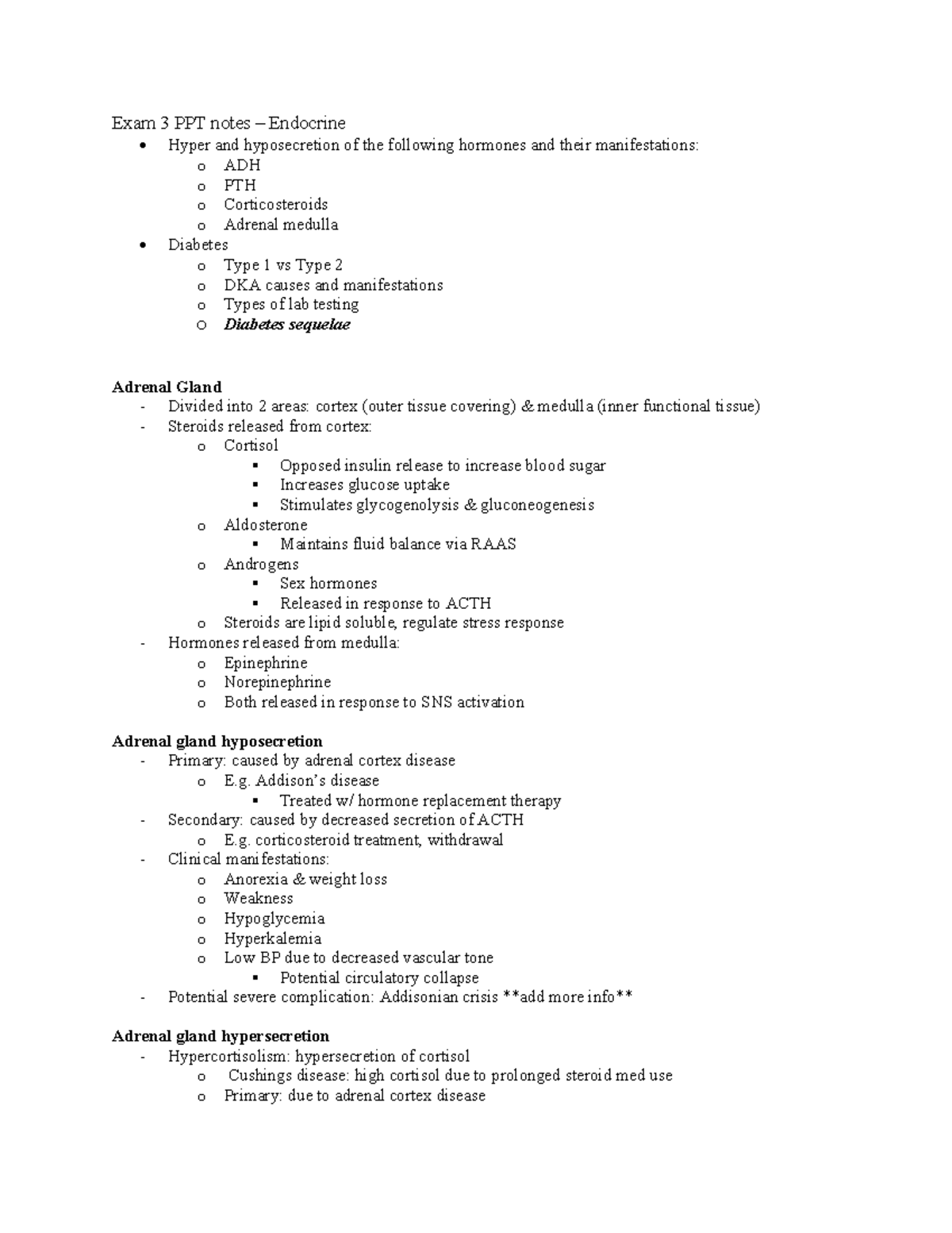 Exam 3 PPT notes - Exam 3 PPT notes – Endocrine Hyper and hyposecretion ...