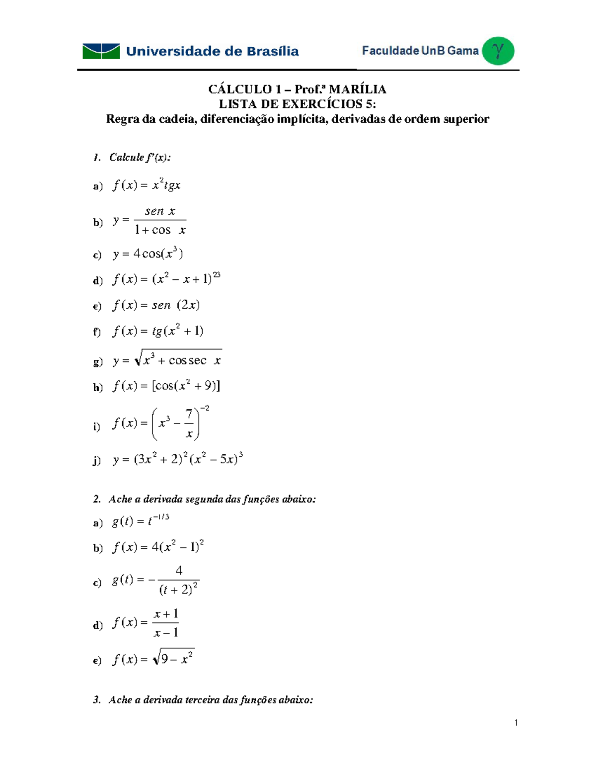 Calculo 1 lista de Exercicios 5 profa Marilia - CÁLCULO 1 – Prof.ª ...