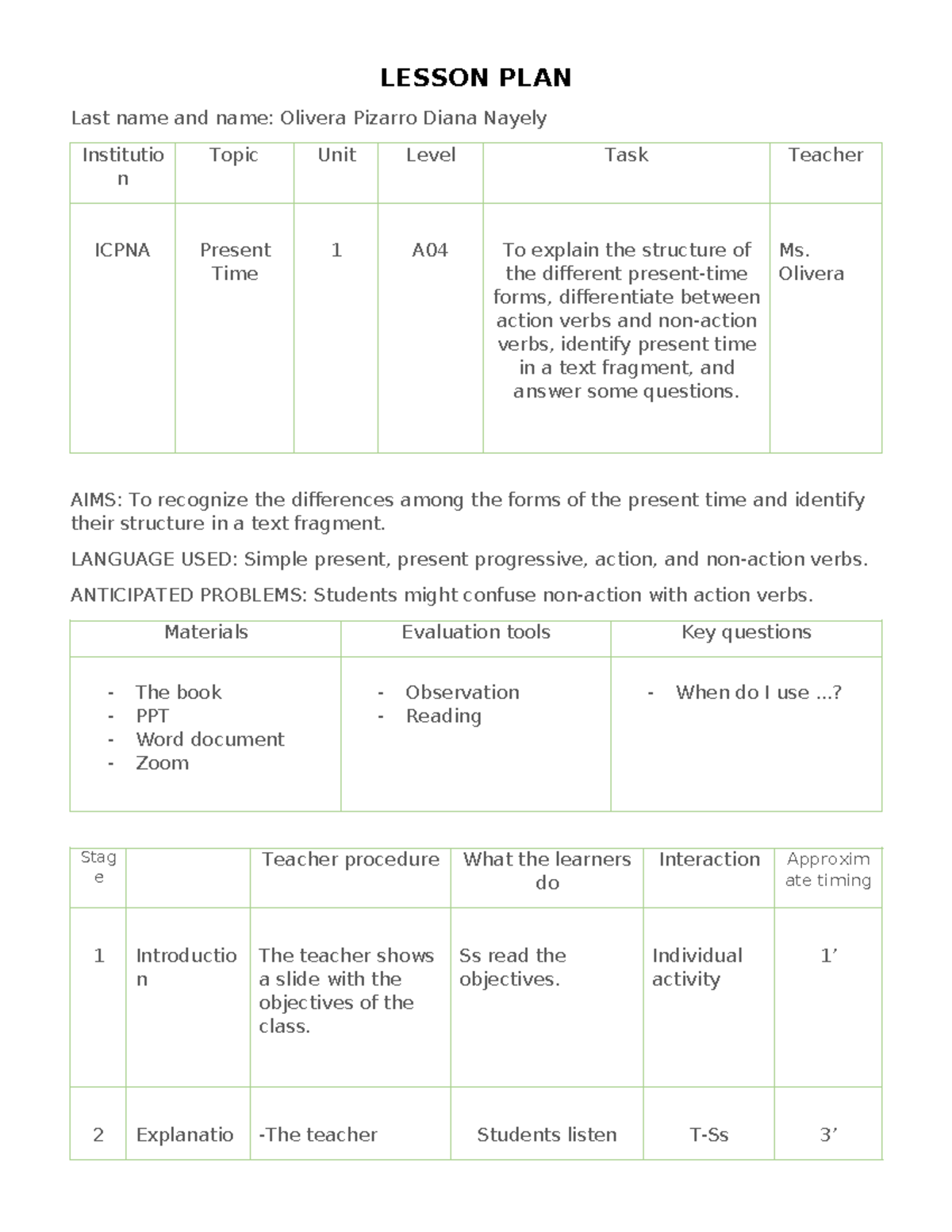 Example - LESSON PLAN Last name and name: Olivera Pizarro Diana Nayely ...