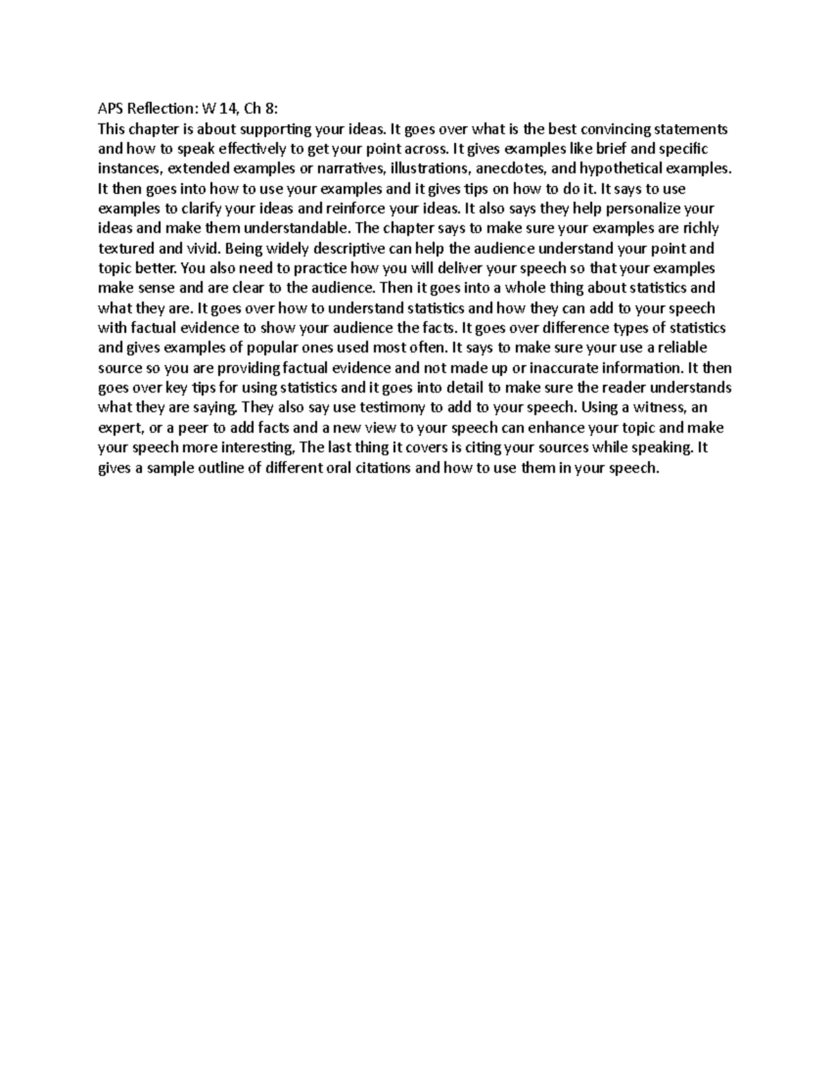 APS Reflection w14 ch8 - Assigned reading and summary of chapter due ...