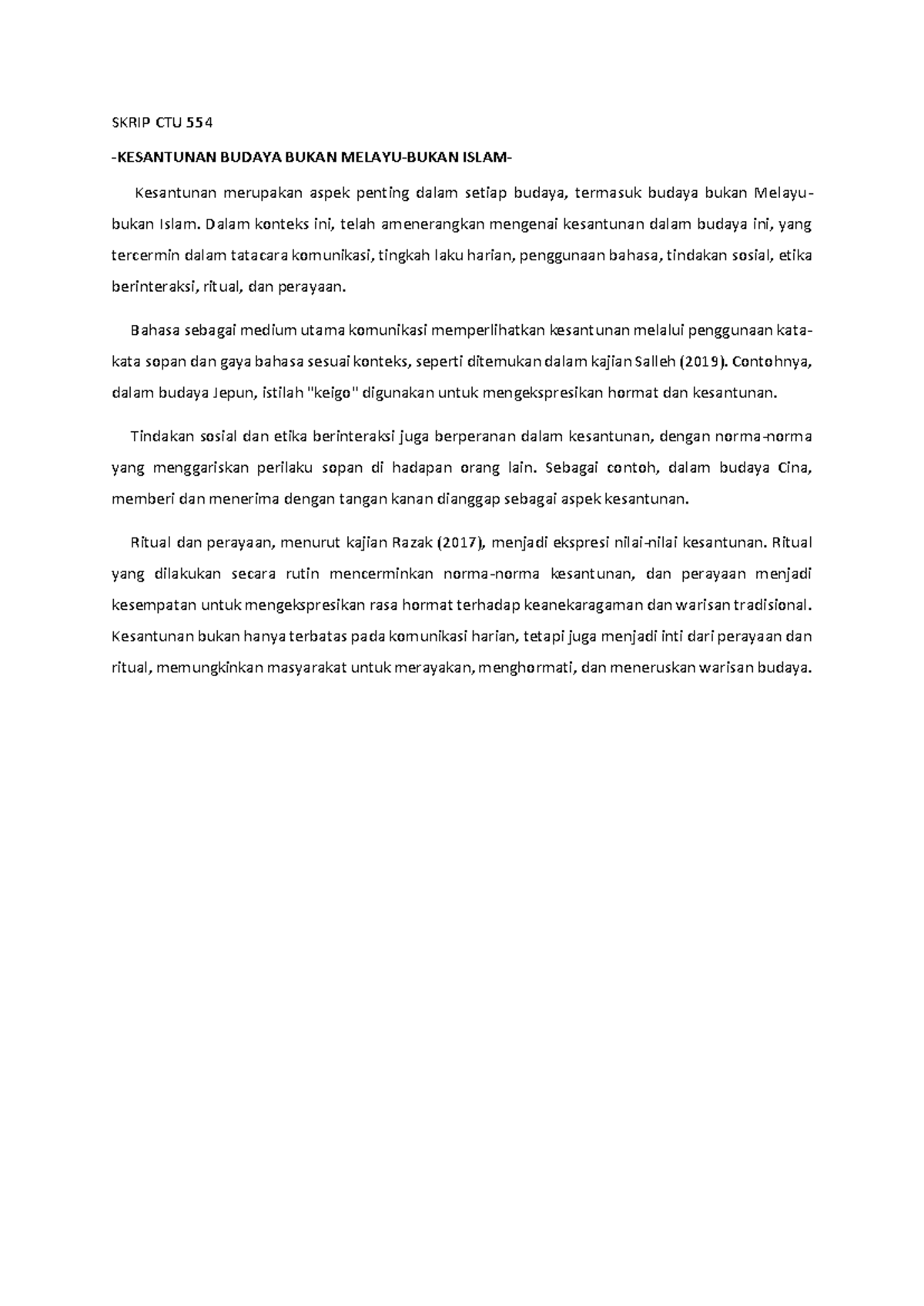 Skrip CTU 554 - SKRIP CTU 554 - KESANTUNAN BUDAYA BUKAN MELAYU-BUKAN ISLAM- Kesantunan merupakan ...