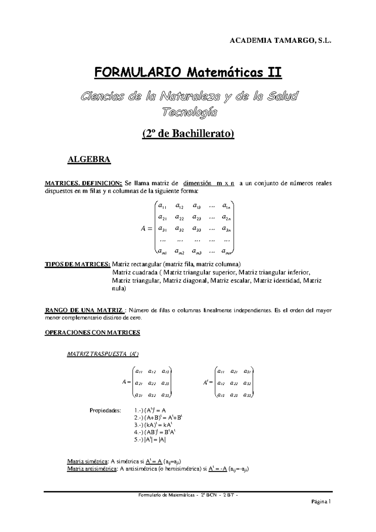 Formulario Matriz - apuntes de curso - Formulario de Matemáticas - 2º ...