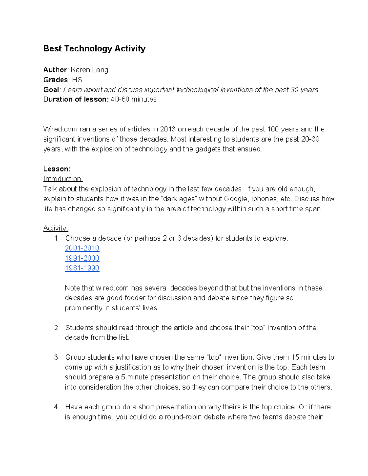 Activity 1 - bhhhh - Best Technology Activity Author: Karen Lang Grades ...