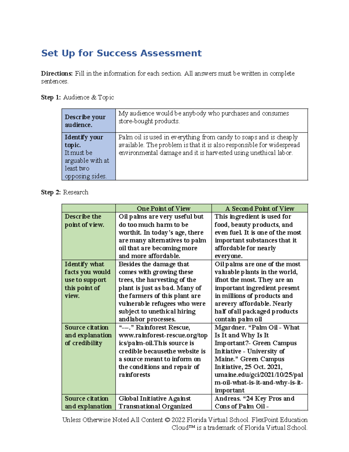 Set up for success assess rubric - Set Up for Success Assessment ...